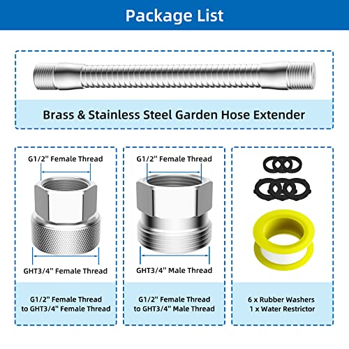 All Metal Garden Hose Extension Adapter, 8 Inch Garden Hose Protector, Solid Brass G1/2'' Connector, 360 Degree Swivel Stainless Steel Flexible Water Hose with Male & Female Thread GHT3/4",Chrome