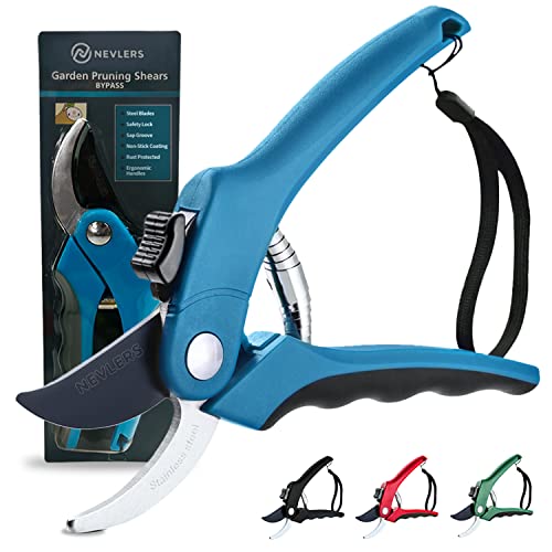 Nevlers 8" Bypass Pruning Shears for Gardening | Garden Shears with Stainless Steel Blades & 8mm Cutting Capacity| Professional Garden Scissors | Heavy Duty Gardening Hand Tools |Blue Gardening Shears