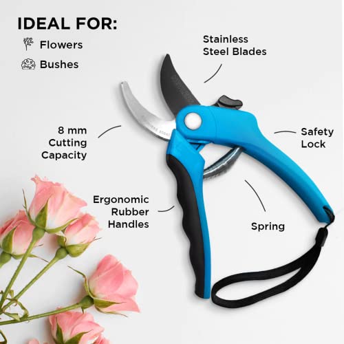 Nevlers 8" Bypass Pruning Shears for Gardening | Garden Shears with Stainless Steel Blades & 8mm Cutting Capacity| Professional Garden Scissors | Heavy Duty Gardening Hand Tools |Blue Gardening Shears