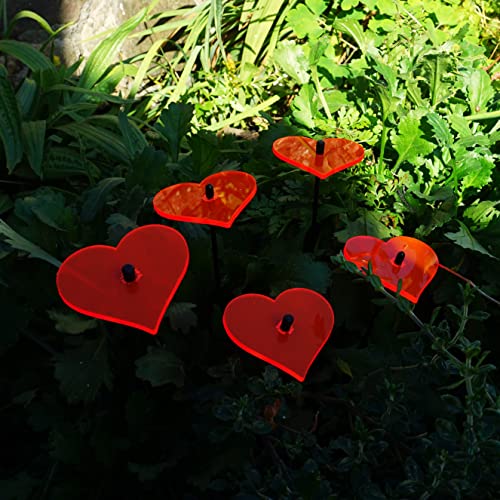 SunCatcher Garden Decor Ornaments Hearts, Set of 5 Decorative Garden Stakes, 25cm/10'' high Outdoor Yard Accessory, Great Gardeners Gift, Colour:Fluorescent Red