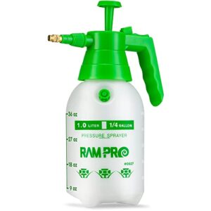 garden sprayer, ¼ gallon pump sprayer, 1l weed sprayer, 34 oz water sprayer | pump spray bottle for lawn sprayer, plant mister, safety valve & adjustable brass nozzle, pressure hand sprayer by ram pro