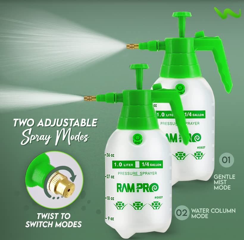 Garden Sprayer, ¼ Gallon Pump Sprayer, 1L Weed Sprayer, 34 Oz Water Sprayer | Pump Spray Bottle For Lawn Sprayer, Plant Mister, Safety Valve & Adjustable Brass Nozzle, Pressure Hand Sprayer By Ram Pro