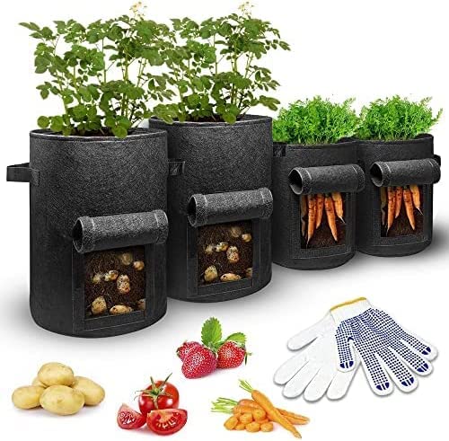 La Main Verte Potato Grow Bags with Flap - [ 4 Pack ] 10 & 7 Gallon Fabric Pots with Handles [ Bonus ] Garden Gloves