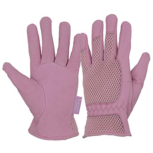 HANDLANDY Womens Garden Gloves, Scratch Resistance Leather Gardening Gloves for Ladise，Yard Gloves 3D Mesh Comfort Fit- Improves Dexterity and Breathability (Medium, Pink)