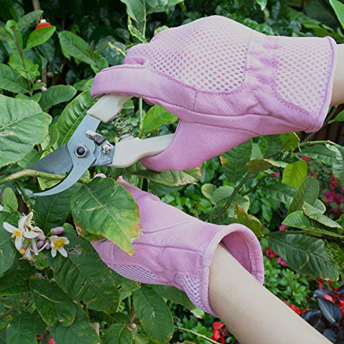 HANDLANDY Womens Garden Gloves, Scratch Resistance Leather Gardening Gloves for Ladise，Yard Gloves 3D Mesh Comfort Fit- Improves Dexterity and Breathability (Medium, Pink)