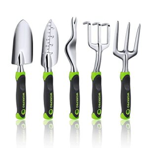 workpro garden tool set, 5 pieces gardening work gifts, cast aluminum outdoor hand tools kit for men and women, including trowel transplanter weeder hand fork cultivator