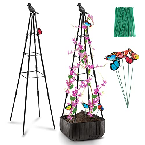 WellSign Garden Obelisk Trellis for Climbing Plants Outdoor and Indoor Trellis for Potted Plants 5.32ft Tall, Rustproof Coated Metal Support with 100 Ties and 5 Butterflies for Ivy Vines Flower 1Pack