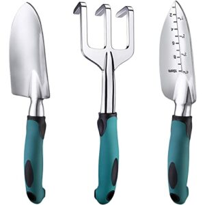 fanhao garden tools set, 3 piece heavy duty gardening tools cast aluminum with soft rubberized non-slip handle, durable garden hand tools garden gifts for men women