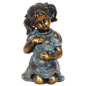 exhart garden sculpture, faux bronze girl and cat garden statue, outdoor garden decoration, 6 x 10.5 inch