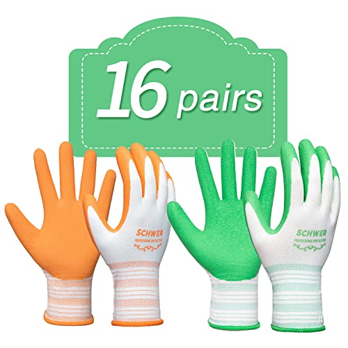 Schwer 16 Pairs Gardening Gloves for Women and Ladies, Breathable Rubber Coated Yard Garden Gloves, Outdoor Protective Work Gloves with Grip, Medium Size Fits Most （Orange & Green）