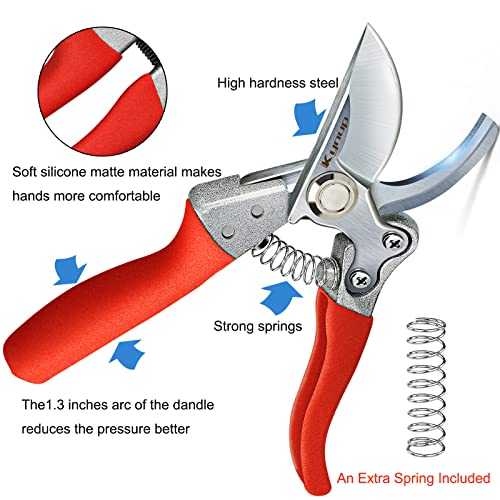 Kynup Pruning Shears for Gardening, Garden Shears Heavy Duty, Professional Bypass Pruner Hand Shears, Tree Trimmers Secateurs, Garden Clippers for Plants, Hedge Shears, Garden Tools (Red)