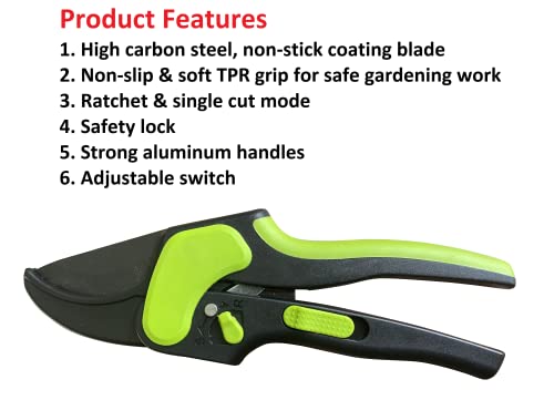 Garden Guru 2 in 1 Ratchet Pruning Shears for Weak Hands - Professional Ratcheting Garden Pruners Clippers - Ergonomic Shock Absorbing Grip - Makes Tough Cuts Easy - Great for Seniors