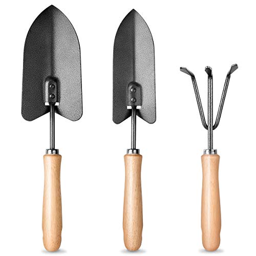 MOSFiATA Gardening Tools Set, 3 Pcs Garden Tools Set, High Carbon Steel Heavy Duty Gardening Tools Kit Includes Hand Trowel, Transplant Trowel and Cultivator Hand Rake, Gardening Gifts for Women Men