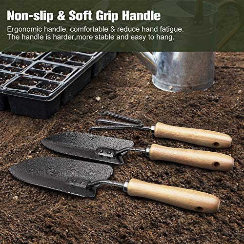 MOSFiATA Gardening Tools Set, 3 Pcs Garden Tools Set, High Carbon Steel Heavy Duty Gardening Tools Kit Includes Hand Trowel, Transplant Trowel and Cultivator Hand Rake, Gardening Gifts for Women Men