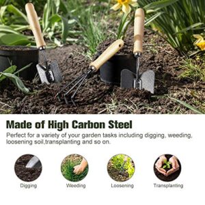 MOSFiATA Gardening Tools Set, 3 Pcs Garden Tools Set, High Carbon Steel Heavy Duty Gardening Tools Kit Includes Hand Trowel, Transplant Trowel and Cultivator Hand Rake, Gardening Gifts for Women Men