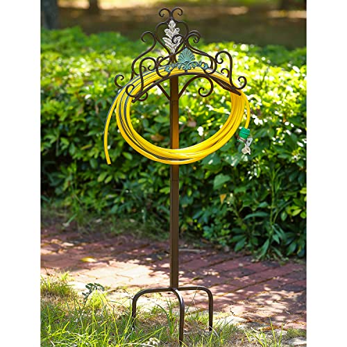 Garden Hose Holder Freestanding Hose Stand Outdoor Floral Leaf Decorative Water Hose Storage Holders Antique Metal Hose Hangers for Outside Lawn Yard