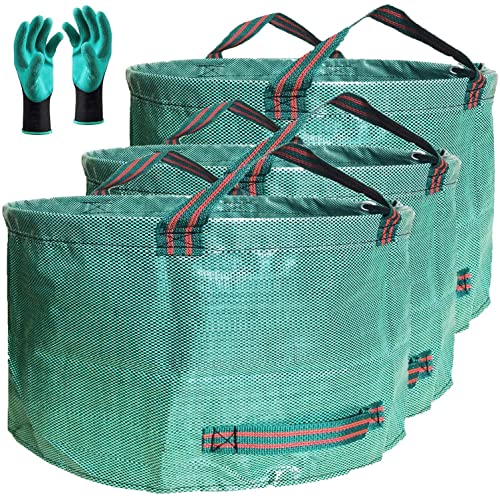 Standard 3-Pack 46 Gallon Yard Lawn Garden Bags (D26, H19 inch) with Garden Gloves, Camping Waste Bag,Recycling Bag,Laundry Bag,Debris Bag,Yard Waste Bag,Grass Clipping Bag,Weed Bag,Leaf Bag 4 Handles