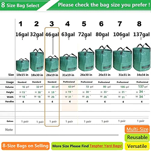 Standard 3-Pack 46 Gallon Yard Lawn Garden Bags (D26, H19 inch) with Garden Gloves, Camping Waste Bag,Recycling Bag,Laundry Bag,Debris Bag,Yard Waste Bag,Grass Clipping Bag,Weed Bag,Leaf Bag 4 Handles