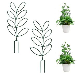 leaf trellis for climbing plants indoor, mini garden plant support for indoor plants, pothos live plant for plant lovers diy planting vines vegetables ivy hoya houseplants, 2 pack green metal