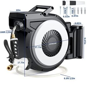 Heavy Duty Retractable Garden Hose Reel by BSTOKCAM, 100 ft Wall Mount Water Hose Reels Outdoor Organizer- Self winding Hose Reel Automatic Recoil Storage, Include Sprayer & Nozzle