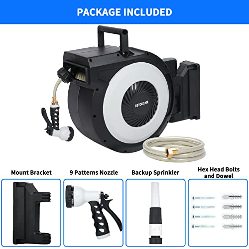 Heavy Duty Retractable Garden Hose Reel by BSTOKCAM, 100 ft Wall Mount Water Hose Reels Outdoor Organizer- Self winding Hose Reel Automatic Recoil Storage, Include Sprayer & Nozzle