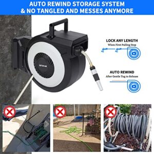 Heavy Duty Retractable Garden Hose Reel by BSTOKCAM, 100 ft Wall Mount Water Hose Reels Outdoor Organizer- Self winding Hose Reel Automatic Recoil Storage, Include Sprayer & Nozzle