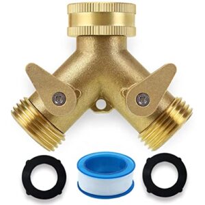 brass garden hose splitter 2 way, heavy duty brass hose y splitter, 3/4″ garden hose connector, hose spigot adapter with 2 valves, 2 extra rubber washers