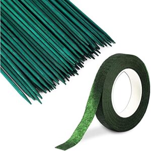 100 bamboo garden stakes with 25 yards flower tape (green, 101 pieces)