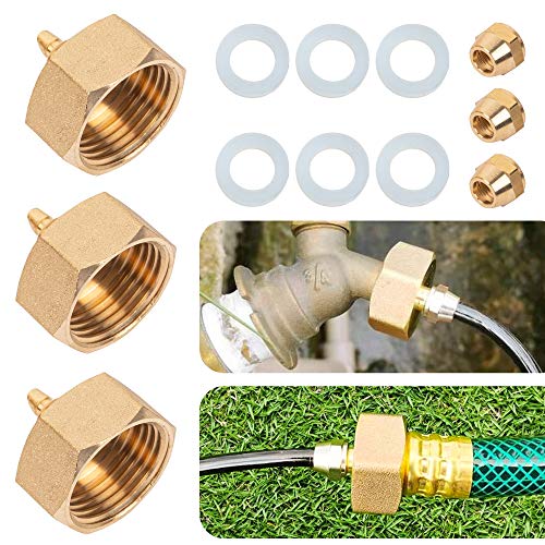 Hourleey Garden Hose Adapter, Brass Standard 3/4" Female Thread to 1/4" Tube Adapter for Water Hose, Convert 3/4" Garden Hose to 1/4" Tube, 3 Set