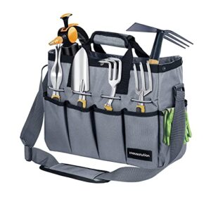 housolution garden tote bag, 900d gardening tool bag, garden tote storage bag with pockets & long adjustable shoulder strap, home tools organizer garden tool kit holder, standable, 14 inch, gray