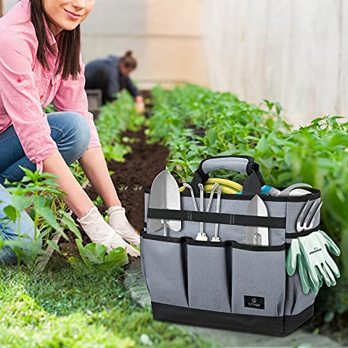 SITHON Gardening Tote (Bag Only), Garden Tool Kit Holder Home Organizer Storage Carrier with Handle 8 Roomy Pockets, Heavy Duty Wear Resistant for Indoor Outdoor Gardening (Gray/Black)