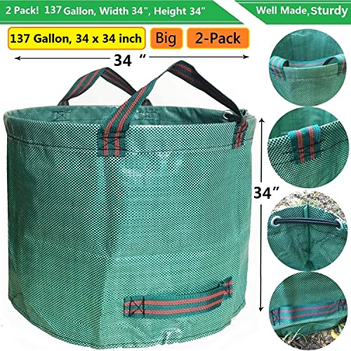 Professional 2-Pack 137 Gallon Lawn Garden Bags (D34, H34 inches) Yard Waste Bags with Coated Gloves - Large Reusable Yard Leaf Bags 4 Handles,Gardening Clippings Bags,Leaf Container,Trash Bags