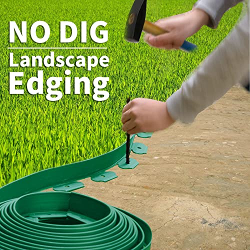 KoKoWill No Dig Landscape Edging Kit 33ft Length Garden Edging Border with 30 Spikes for Landscaping, Grass, Flower Gardens, Lawn, Yard (2 Inch Tall,Green,L Shape)