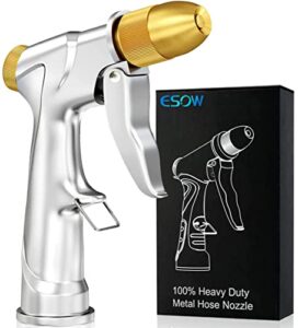 esow garden hose nozzle, 100% heavy duty metal spray gun with full brass nozzle, 4 watering patterns watering nozzle- high pressure pistol grip sprayer for watering plants, car wash and showering dog