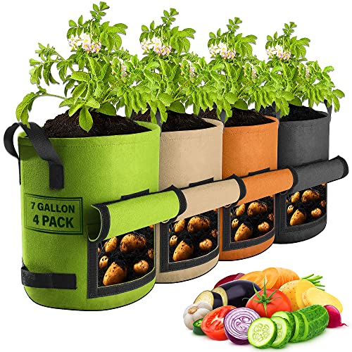 Suntee 4 Pack 7 Gallon Potato Grow Bags with Flap, Plant Grow Bags Heavy Duty Nonwoven Fabric Planter Bags Garden Vegetable Planting Pots Grow Bags for Growing Potatoes, Tomato and Fruits Outdoor