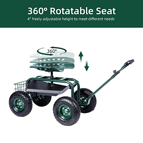 Endynino Rolling Garden Cart Wagon Scooter Lawn Yard Patio Work Seat Gardening Stool Cart with Extendable Steer Handle and Storage Basket, Adjustable 360° Swivel Seat Outdoor, Green