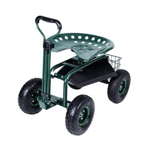 endynino rolling garden cart wagon scooter lawn yard patio work seat gardening stool cart with extendable steer handle and storage basket, adjustable 360° swivel seat outdoor, green