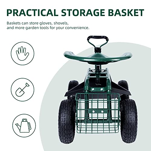 Endynino Rolling Garden Cart Wagon Scooter Lawn Yard Patio Work Seat Gardening Stool Cart with Extendable Steer Handle and Storage Basket, Adjustable 360° Swivel Seat Outdoor, Green