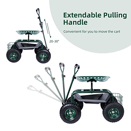 Endynino Rolling Garden Cart Wagon Scooter Lawn Yard Patio Work Seat Gardening Stool Cart with Extendable Steer Handle and Storage Basket, Adjustable 360° Swivel Seat Outdoor, Green