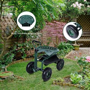 Endynino Rolling Garden Cart Wagon Scooter Lawn Yard Patio Work Seat Gardening Stool Cart with Extendable Steer Handle and Storage Basket, Adjustable 360° Swivel Seat Outdoor, Green