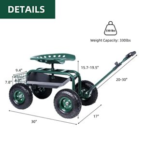 Endynino Rolling Garden Cart Wagon Scooter Lawn Yard Patio Work Seat Gardening Stool Cart with Extendable Steer Handle and Storage Basket, Adjustable 360° Swivel Seat Outdoor, Green