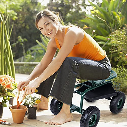 Endynino Rolling Garden Cart Wagon Scooter Lawn Yard Patio Work Seat Gardening Stool Cart with Extendable Steer Handle and Storage Basket, Adjustable 360° Swivel Seat Outdoor, Green