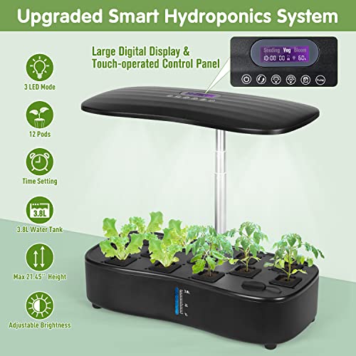 Hydroponics Growing System, Indoor Gardening System with LED Grow Light, 12 Pods Plant Germination Kit with Quiet Pump, Height Adjustable Indoor Grow Kit Countertop Garden Automatic Timer Black