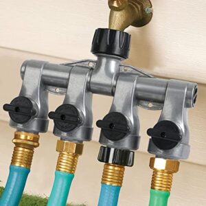 STYDDI Full Flow 4-Way Garden Hose Splitter, Metal High-Flow Four Way Shutoff Garden Hose Splitter, Professional Water Hose Manifold, High Flow Outdoor Spigot 4 Splitter with Cap Type Valve