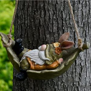 Gardenfans Garden Gnomes Statue Outdoor Decoration Hanging Tree Outside Swinging Leaf Hammock Figurine Resin Fairy Garden Decor for Patio Yard