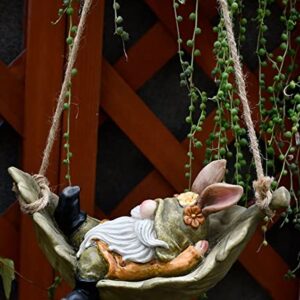 Gardenfans Garden Gnomes Statue Outdoor Decoration Hanging Tree Outside Swinging Leaf Hammock Figurine Resin Fairy Garden Decor for Patio Yard