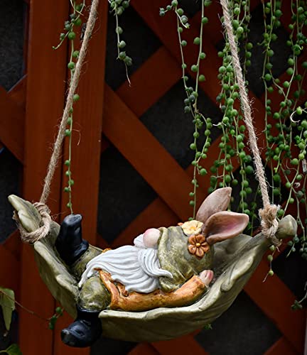 Gardenfans Garden Gnomes Statue Outdoor Decoration Hanging Tree Outside Swinging Leaf Hammock Figurine Resin Fairy Garden Decor for Patio Yard