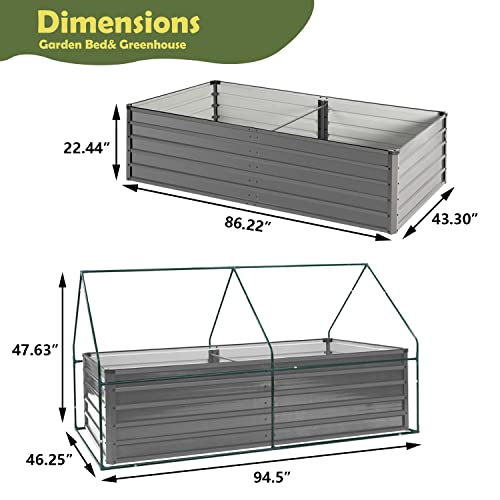 okcomuy 8x4x2ft Outdoor Galvanized Raised Garden Bed with Greenhouse, 2 Large Zipper Mesh Screen Windows Cover, Deep Root Planter Box for Vegetables, Flowers, Herbs, Succulents w/ 358 Gallon Capacity