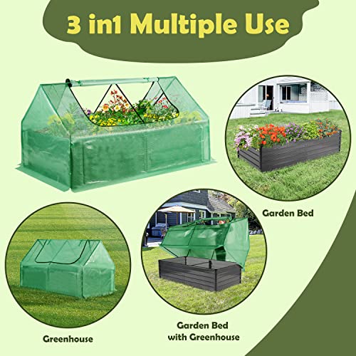 okcomuy 8x4x2ft Outdoor Galvanized Raised Garden Bed with Greenhouse, 2 Large Zipper Mesh Screen Windows Cover, Deep Root Planter Box for Vegetables, Flowers, Herbs, Succulents w/ 358 Gallon Capacity