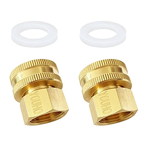 YOUHO Solid brass Garden Hose Fittings Connectors Adapter Heavy Duty Brass Repair Female to Female Double Female dual water hose connector(3/4" GHT Female to 1/2" NPT Female) 2 Pcs